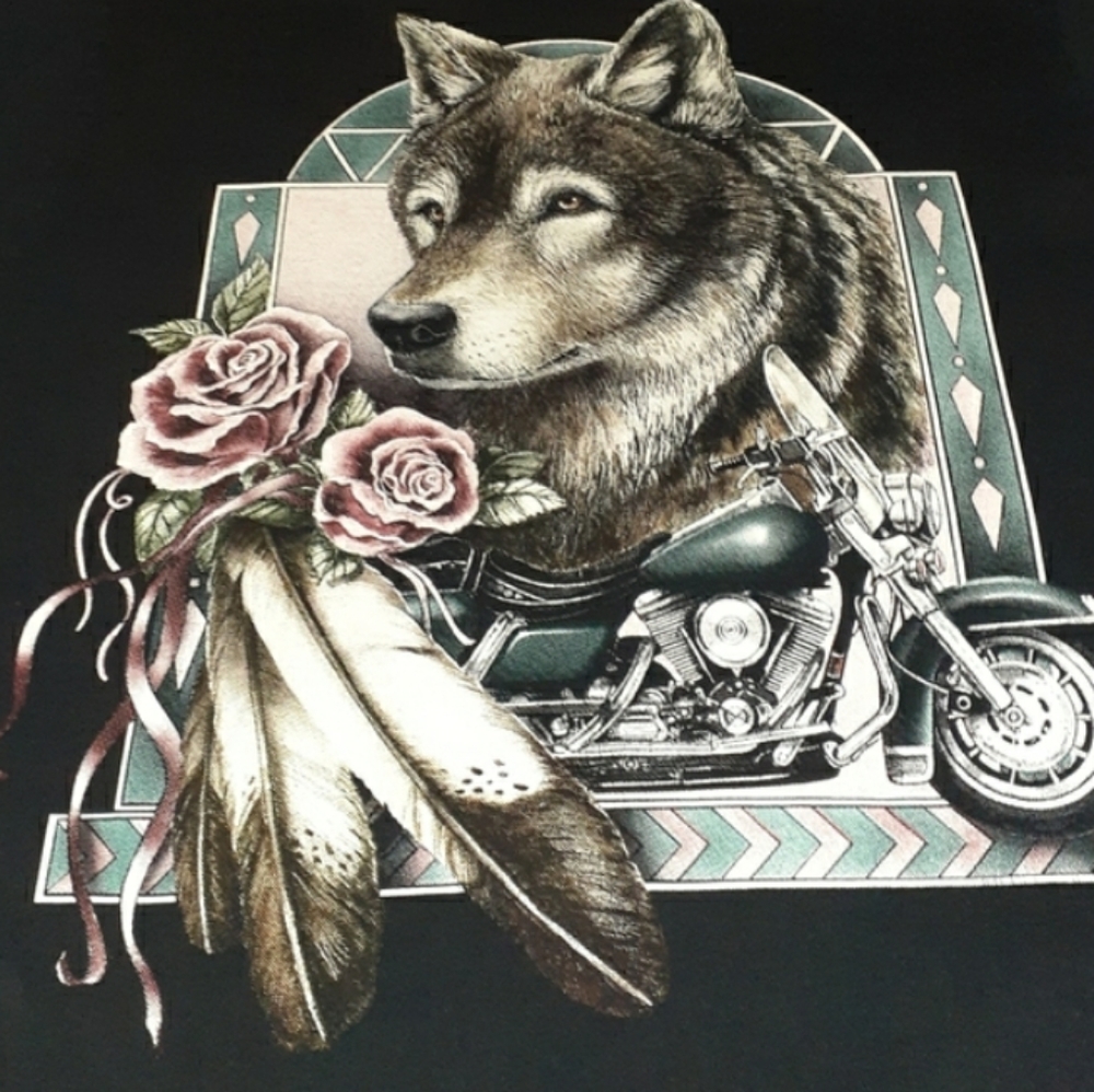 90s Wolf Motorcycle Roses Feather Vintage Shirt - Gem